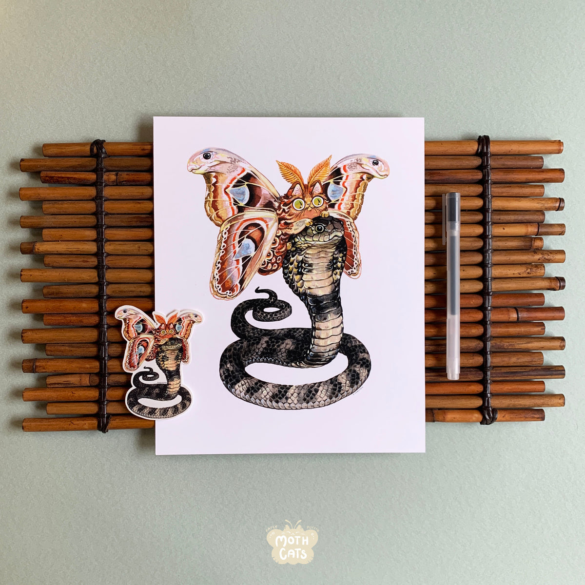Moth Cat Print “Mimicat Rider” Atlas Moth & Cobra Snake – PaperPuffin