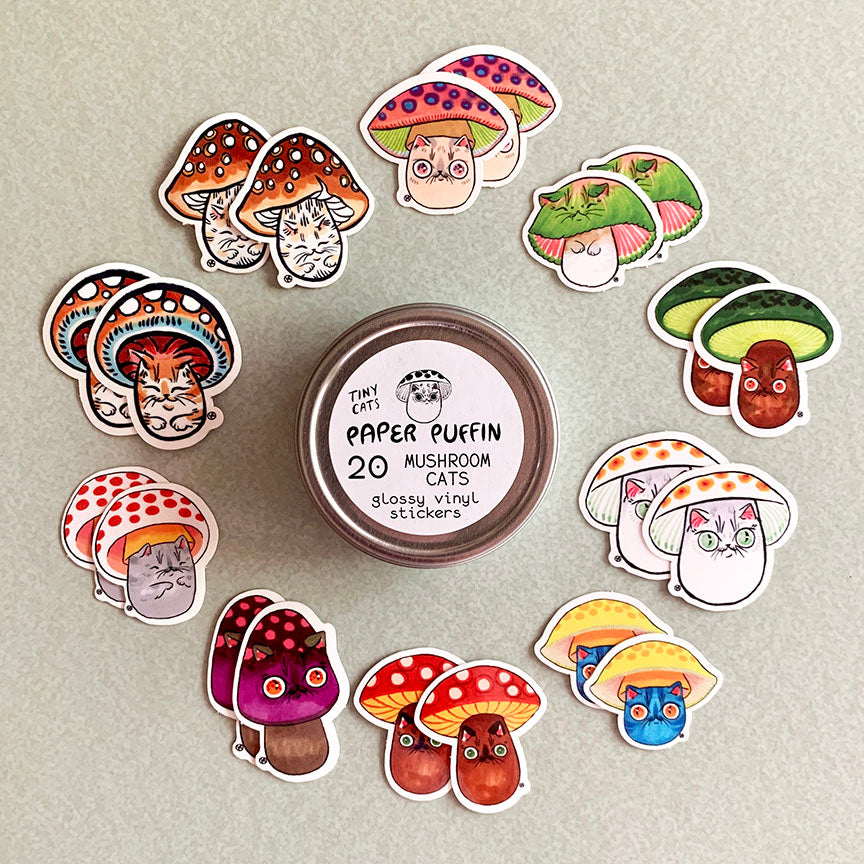 Mushroom Cat Stickers 20 pack with Tin Case – PaperPuffin